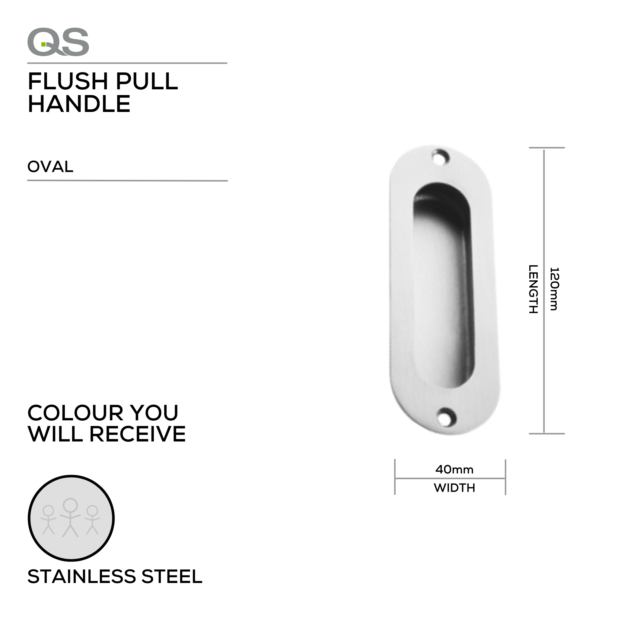QS4418, Flush Pull, Oval, 120mm (l) x 40mm (w), Stainless Steel, QS | The Stickman Store