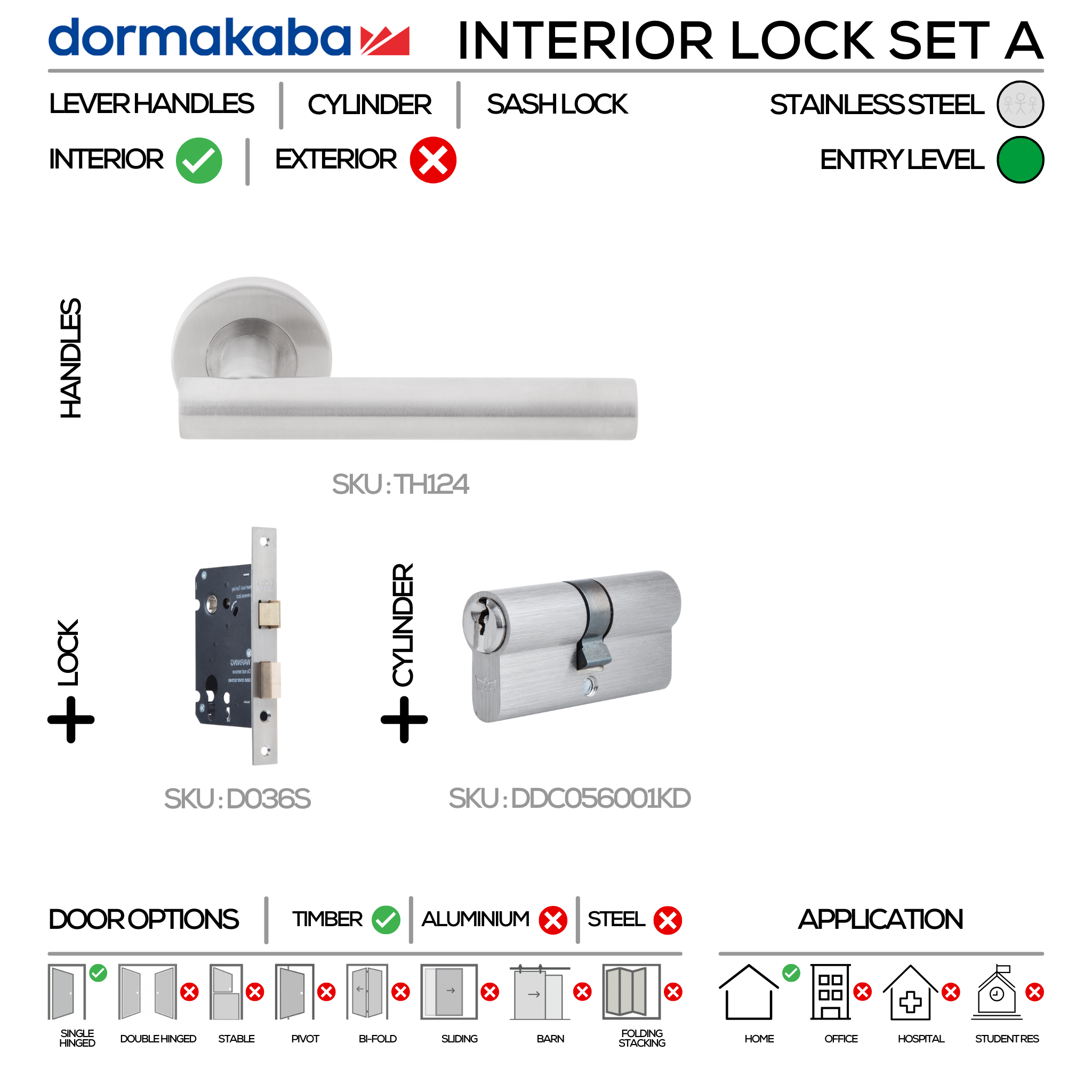 TH124 Complete Interior Lockset A, Lever Handles, Tubular, On Round Ro ...