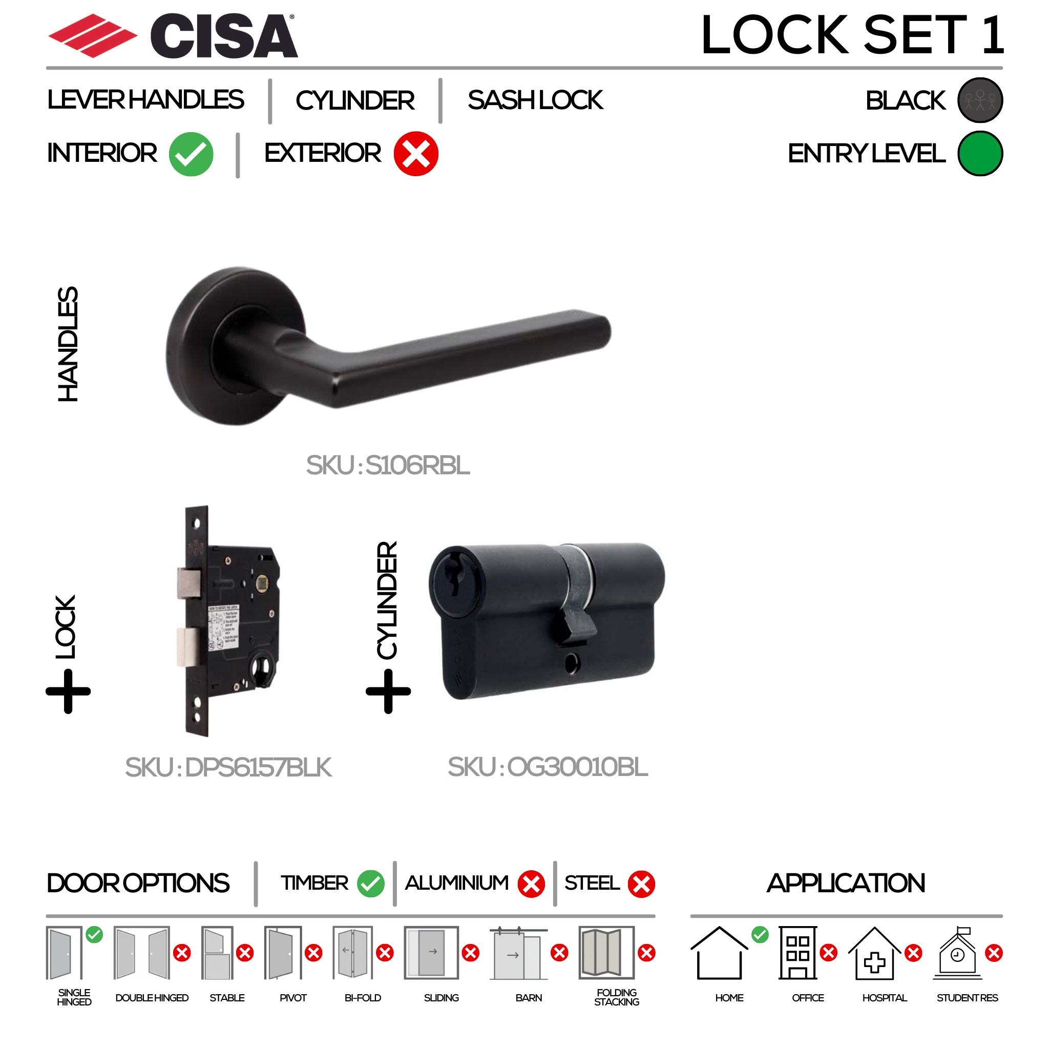 S106 Complete Lockset 1, Lever Handles, Hollow, On Round Rose, With Es ...