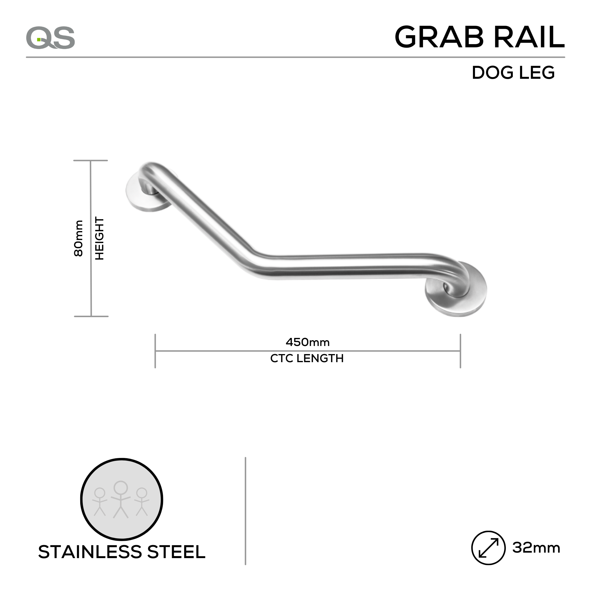 QS1605 DOG LEG, Grab Rail, Satin Stainless Steel, QS | The Stickman Store