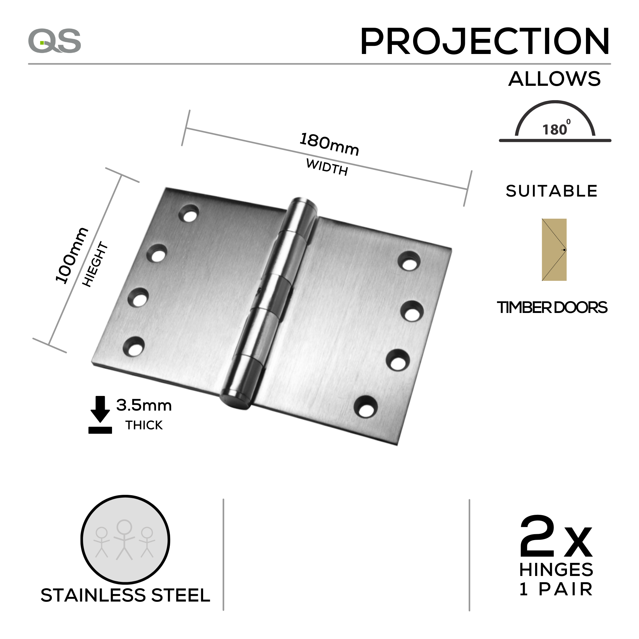 QS4412/2 180mm, Projection Hinge, 2 x Hinges (1 Pair), 100mm (h) x 180 ...