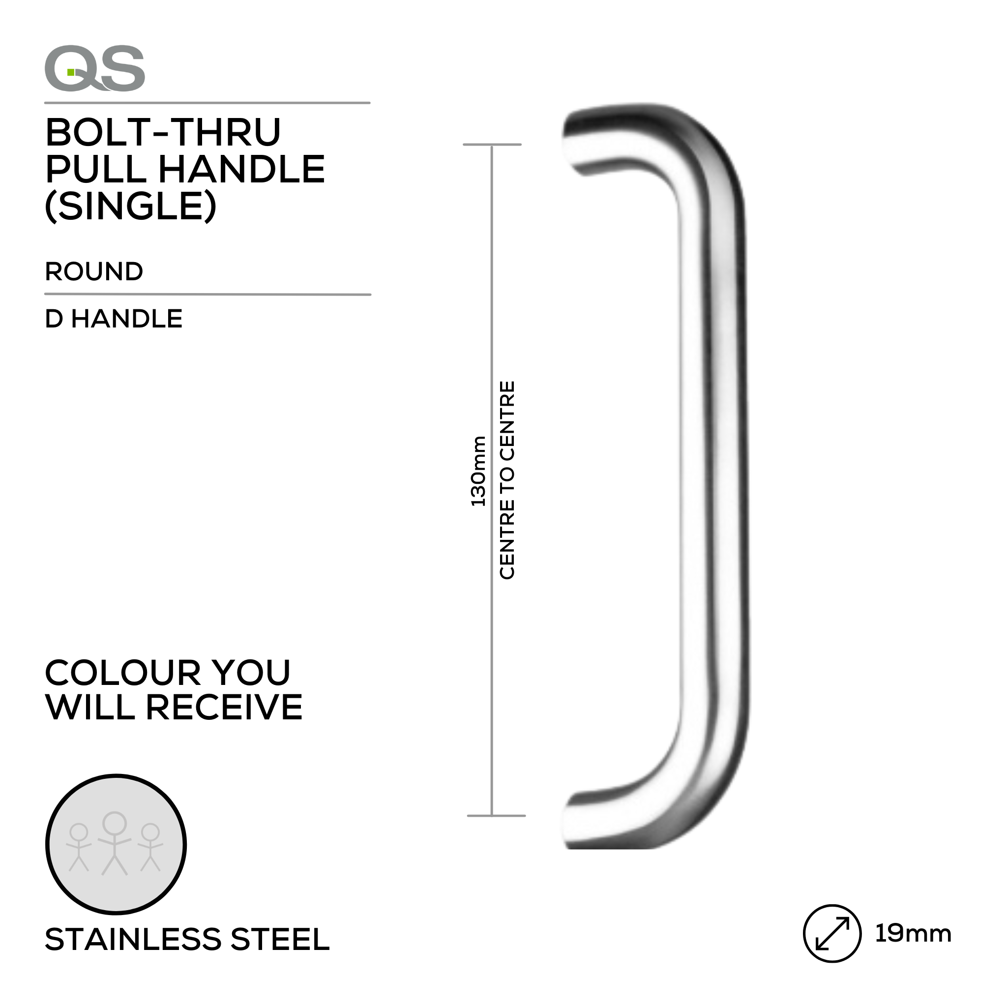 QS2203/1 D Handle, Pull Handle, Round, D Handle, BoltThru, 19mm (Ø) x ...