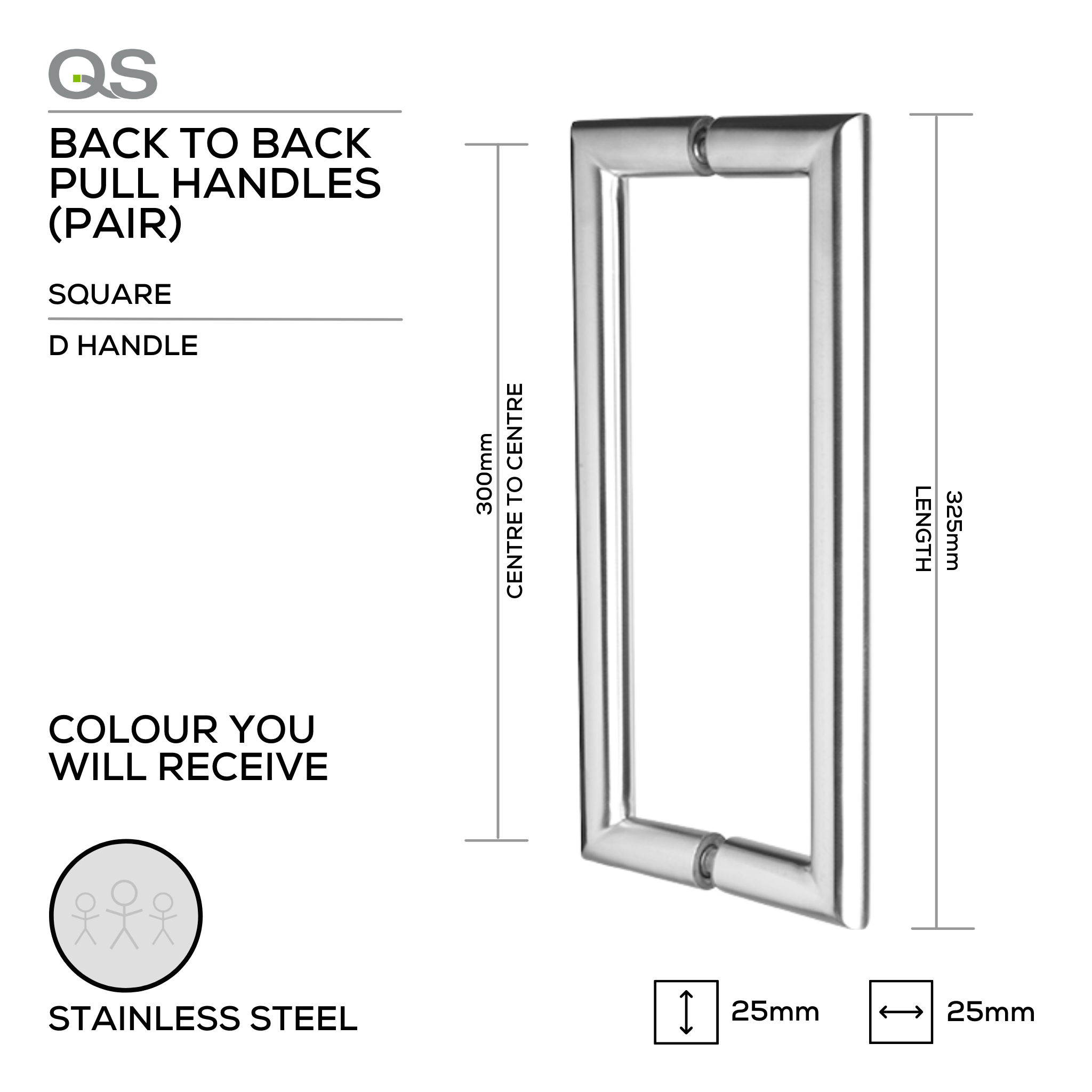QS2602 Square D, Pull Handle, Square, D Handle, BTB, 25mm (d) x 325mm ...