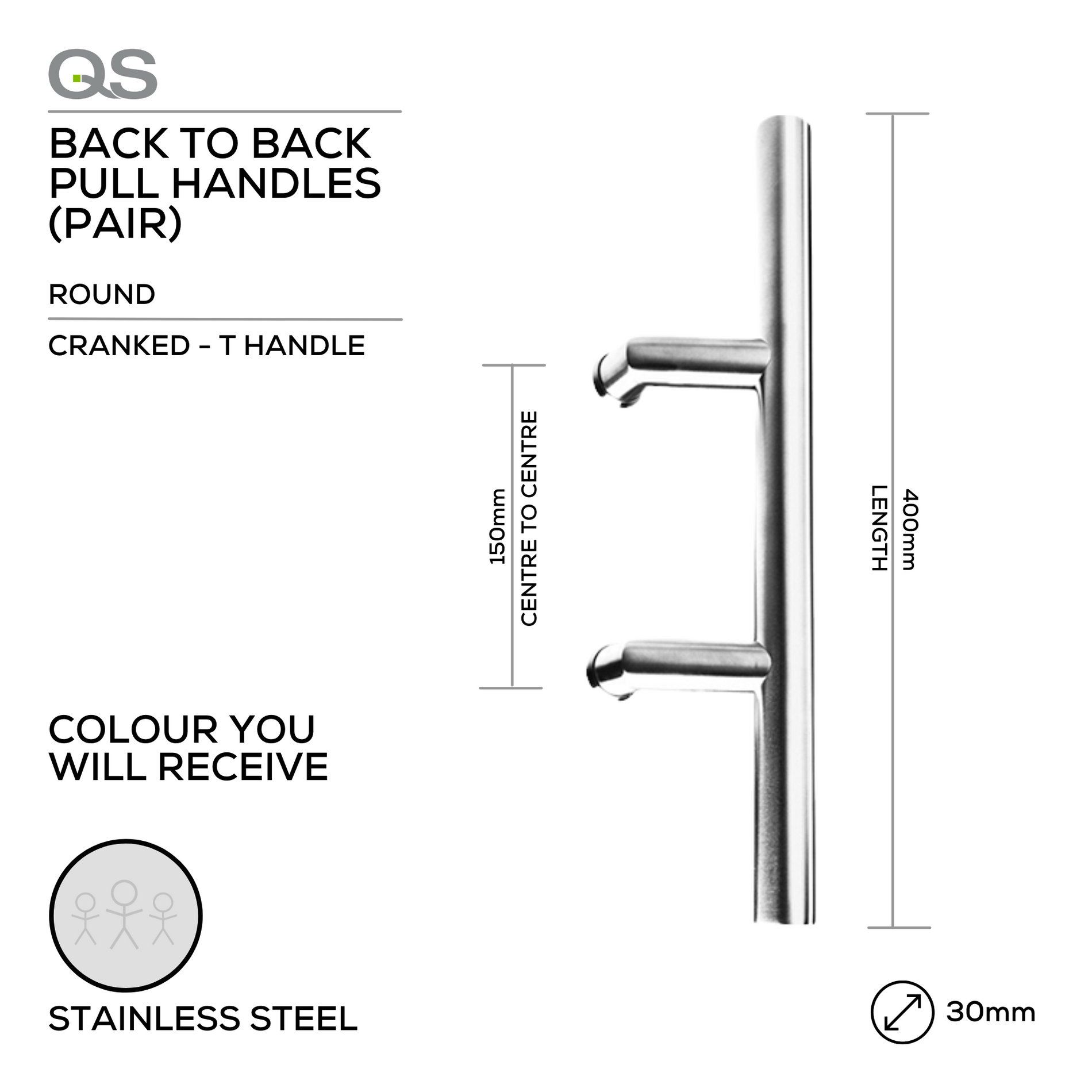 QS2703 Cranked T, Pull Handle, Round, Cranked, T Handle, BTB, 30mm (Ø ...
